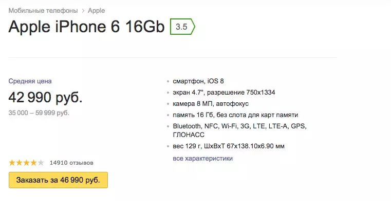 iPhone 6 în Yandex.Market