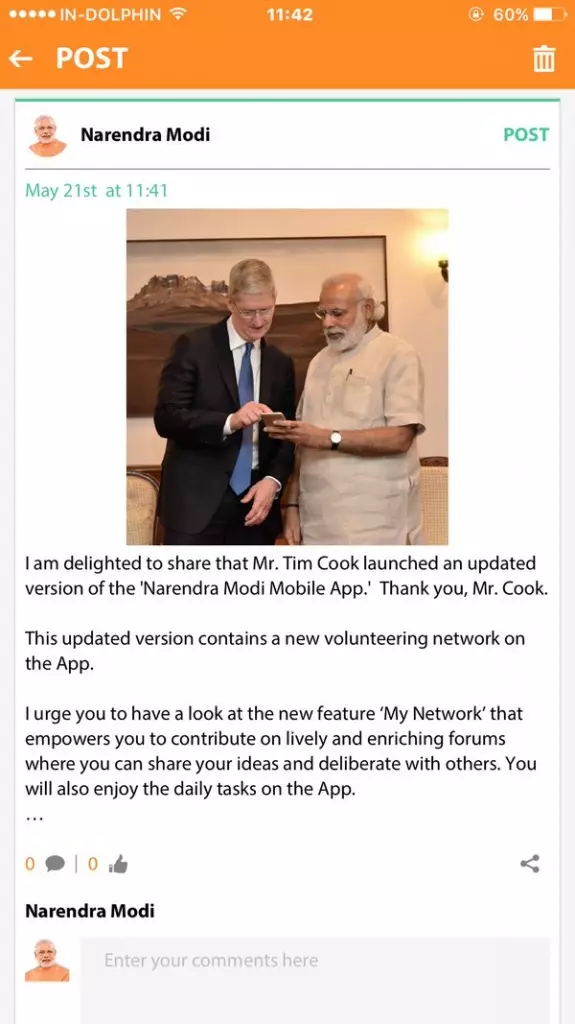 Tim Cook pade pẹlu Prime Minister ti India