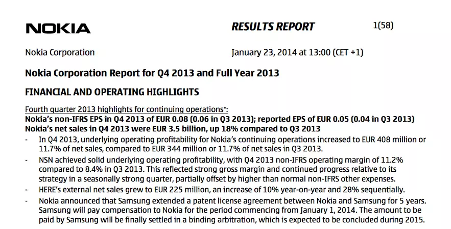 Nokia Quarter และรายงานประจำปี 2557